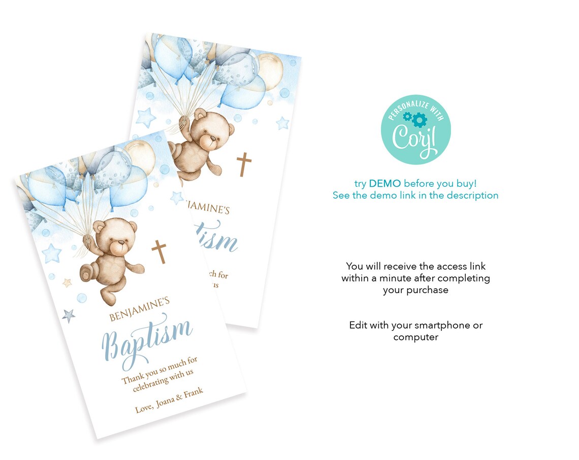 Editable Baptism Thank You Tag. Blue Teddy Bear, Air Balloon Decor ...