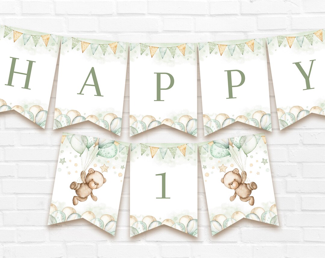 EDITABLE Digital 1st Birthday Bunting. Personalized Sage Green Flags ...