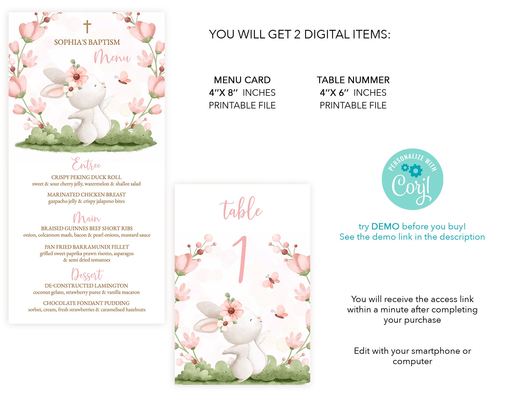 EDITABLE Digital Menu Card and Table Number. Pink Green Bunny, Floral ...