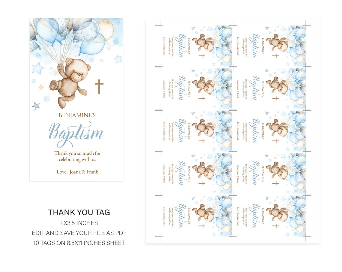 Editable Baptism Thank You Tag. Blue Teddy Bear, Air Balloon Decor ...