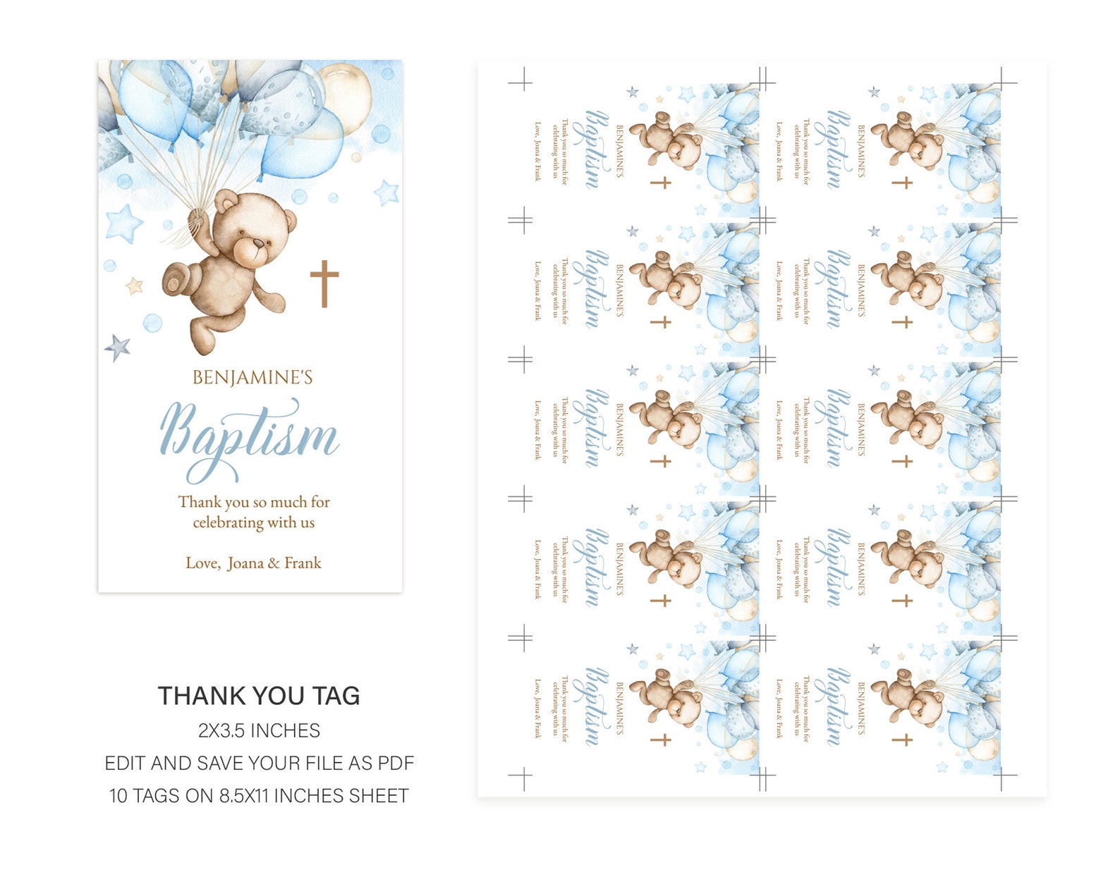 Editable Baptism Thank You Tag. Blue Teddy Bear, Air Balloon Decor ...