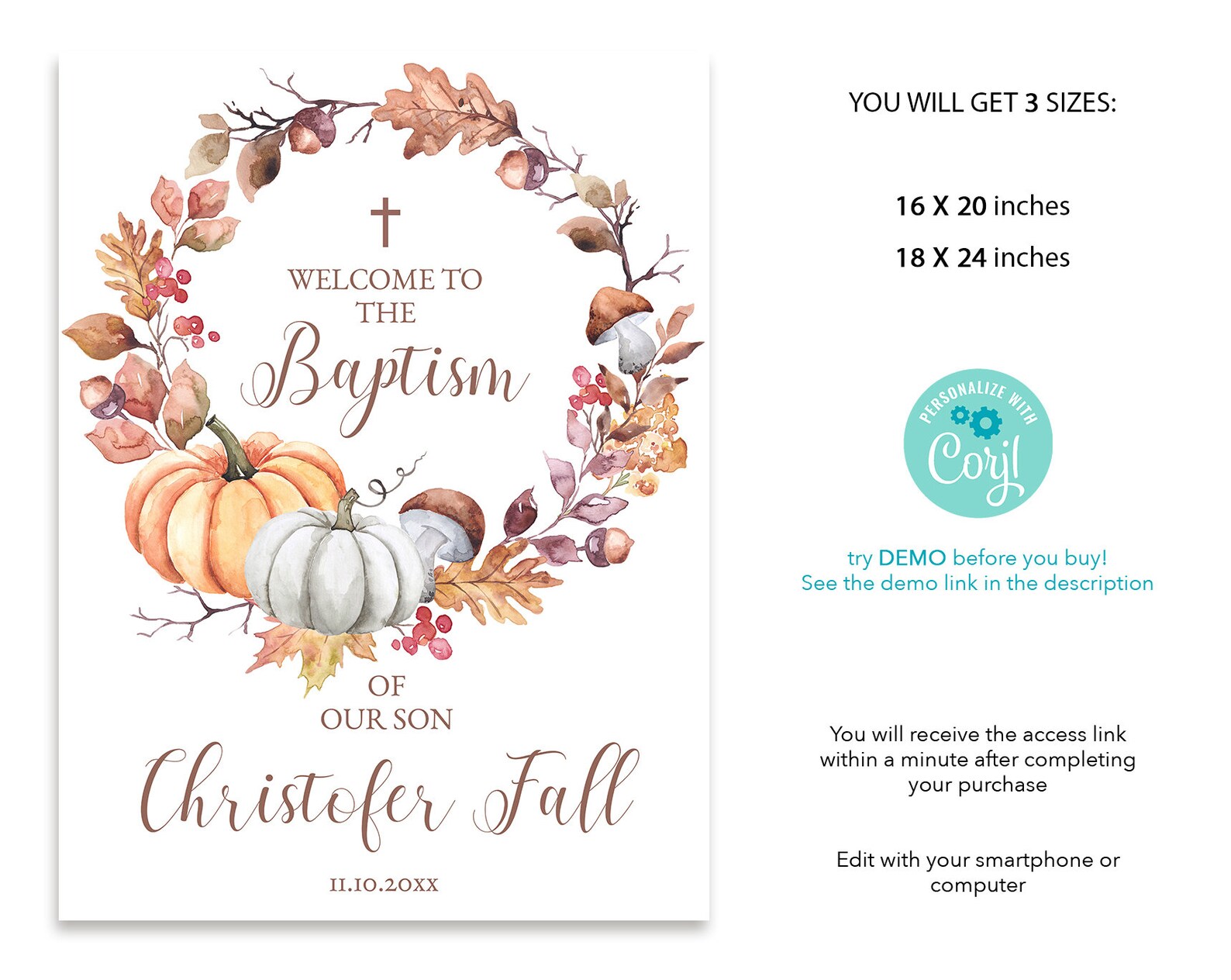 Editable Digital Baptism Welcome Sign. Autumn Wreath, Fall Pumpkin ...