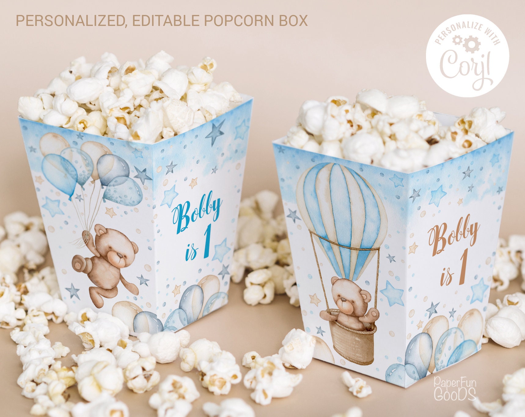 EDITABLE Small Popcorn Box, Corjl Template. Personalized Editable Blue ...