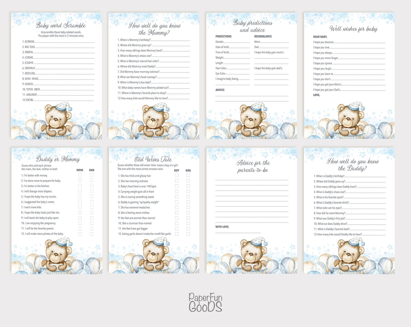 18 Digital Baby Shower Games. Blue Teddy Bear Party. It's a Boy ...