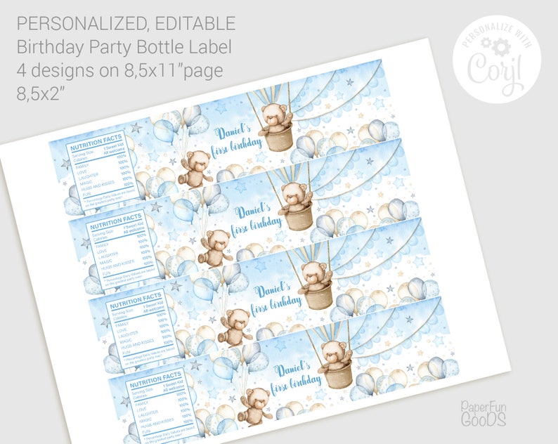 EDITABLE Bottle Label, Water Labels, Corjl Template. Personalized Blue ...