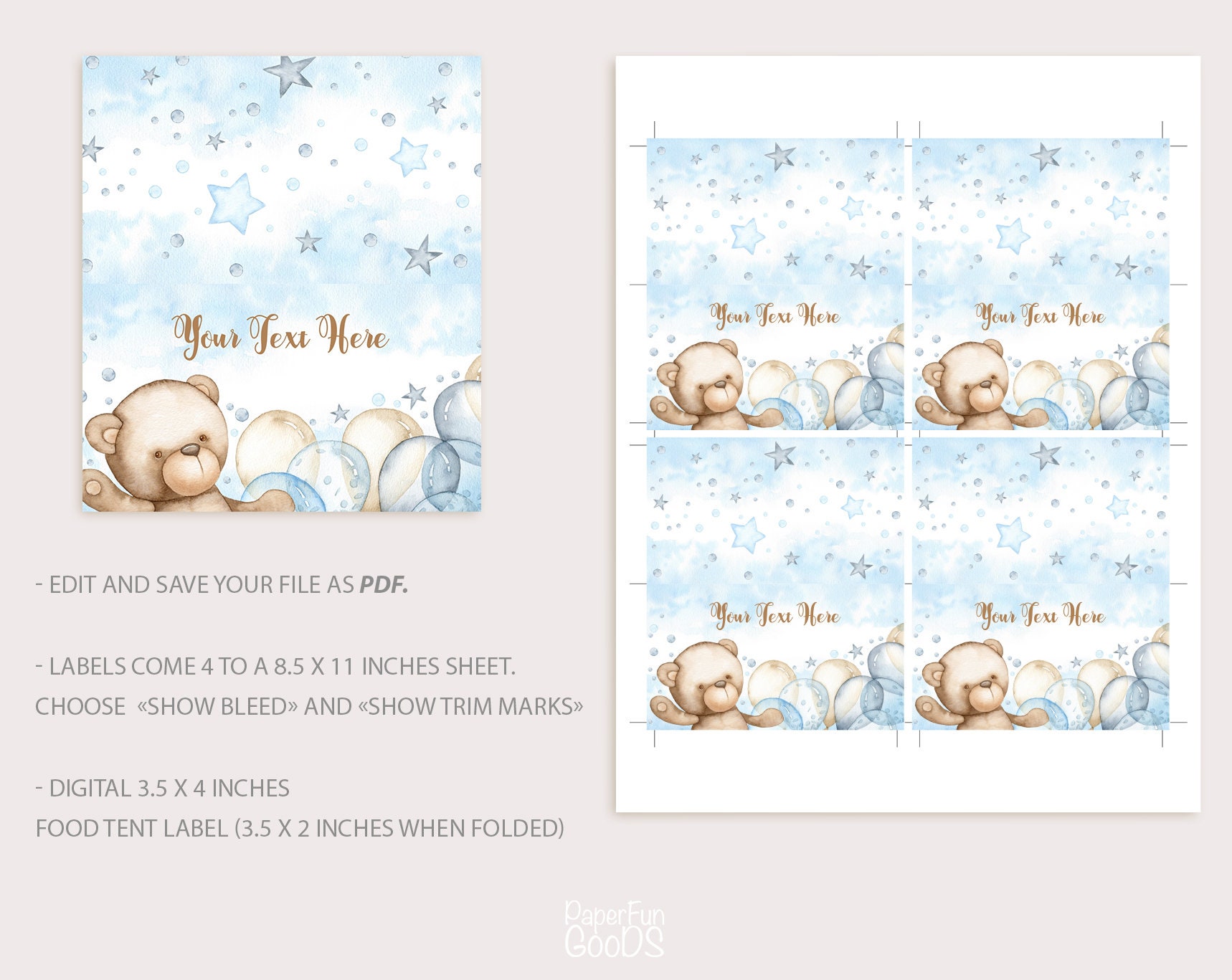 EDITABLE Teddy Bear Food Labels. Baby Boy Birthday Place Cards. It's a ...
