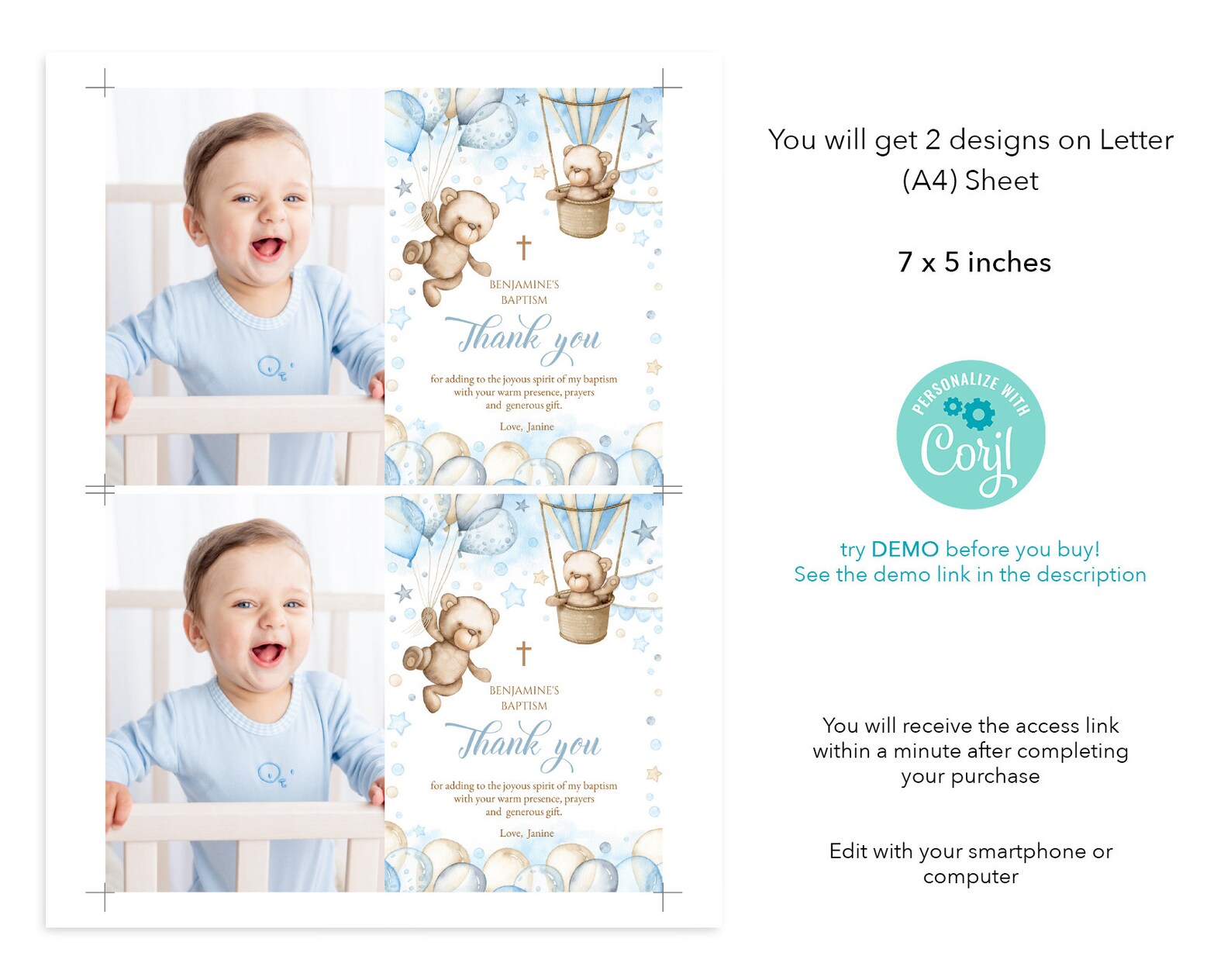 Editable Baptism Thank You Card With Photo. Blue Teddy Bear, Air ...