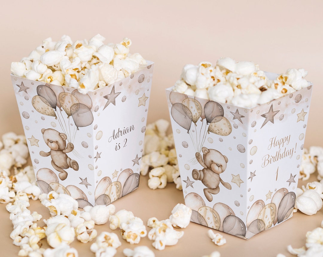 EDITABLE Small Popcorn Box. Nude Teddy Bear Theme. Personalized Party ...