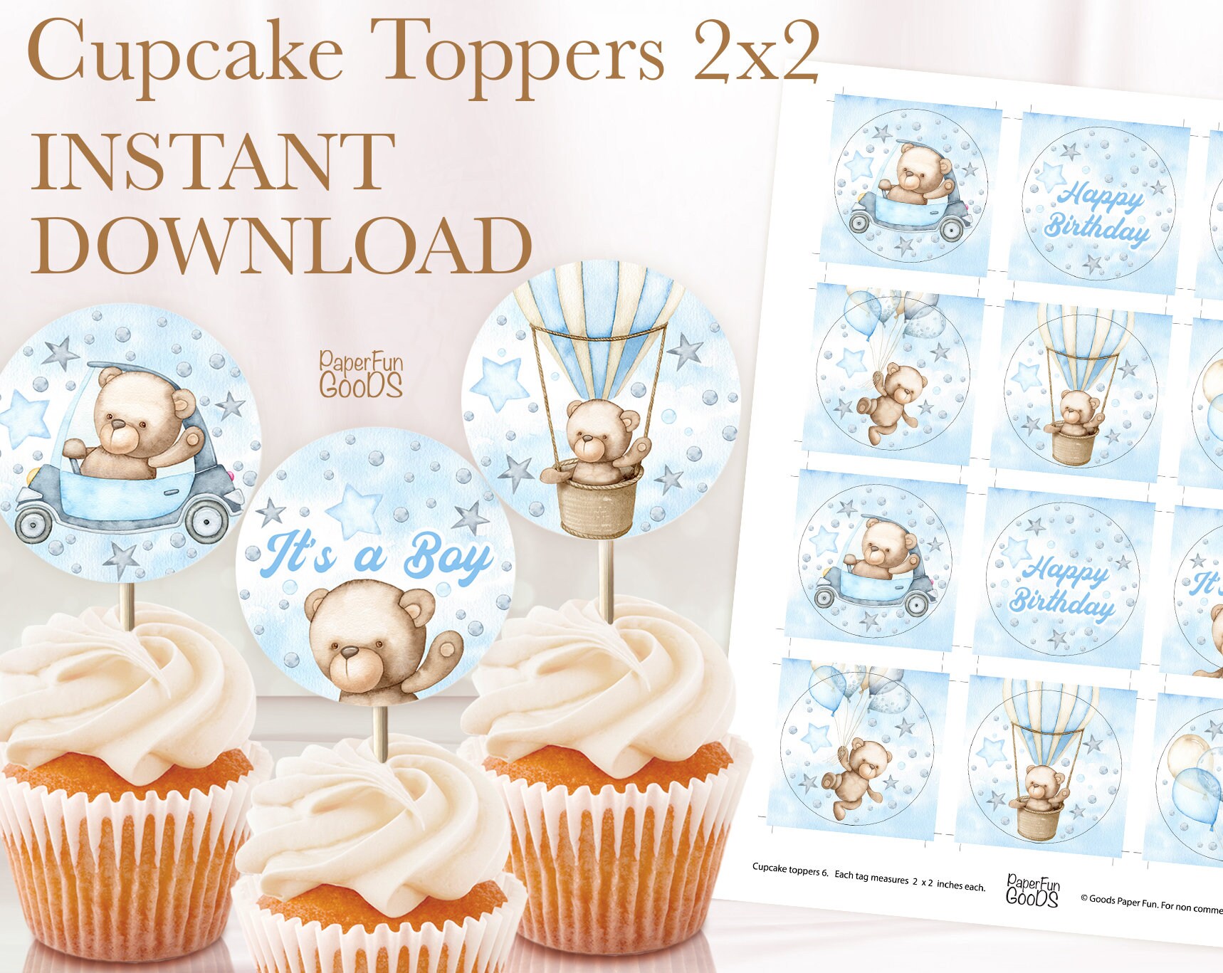 Printable Teddy Bear Cupcake Toppers. Favor Tags. Boys - Etsy