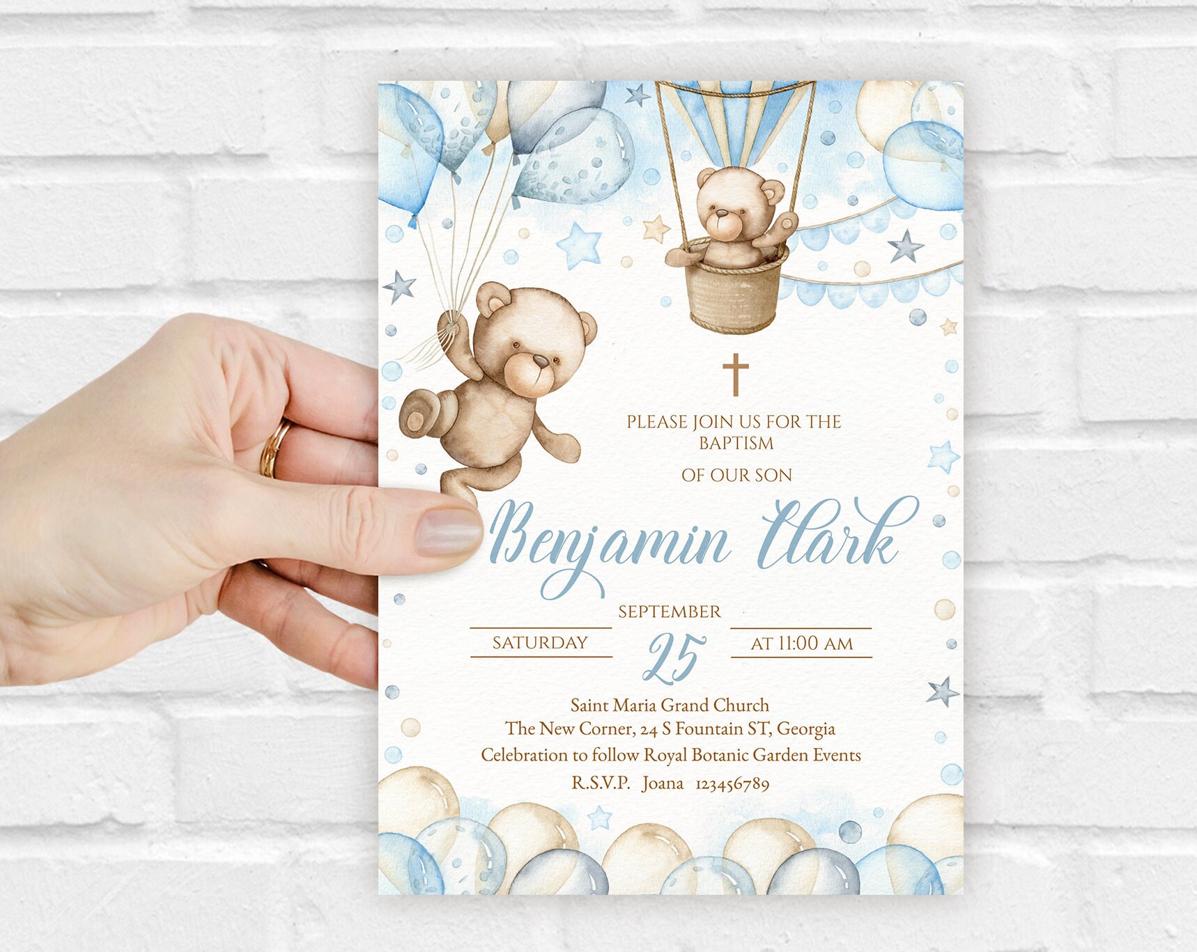 Editable Baptism Invite. Electronic Evite Blue Teddy Bear Invitation ...