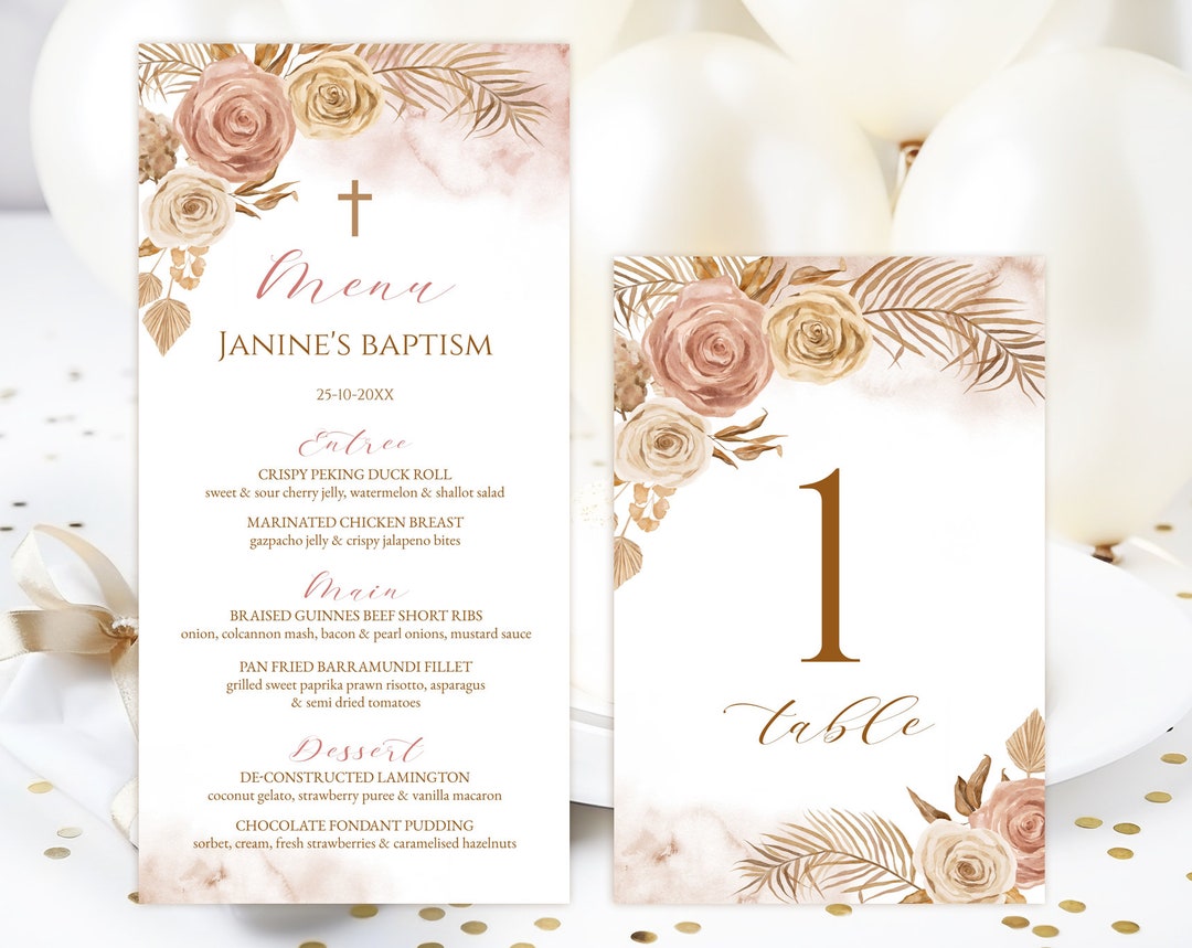 EDITABLE Menu Card and Table Number. Baptism Blush Floral, Dust Pink ...