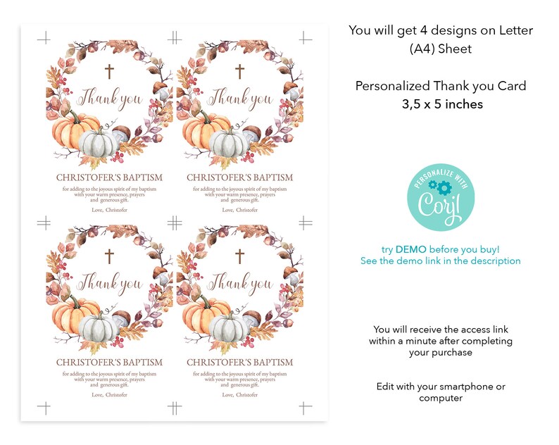 Editable Digital Baptism Thank You Card. Autumn Wreath Fall Pumpkin ...