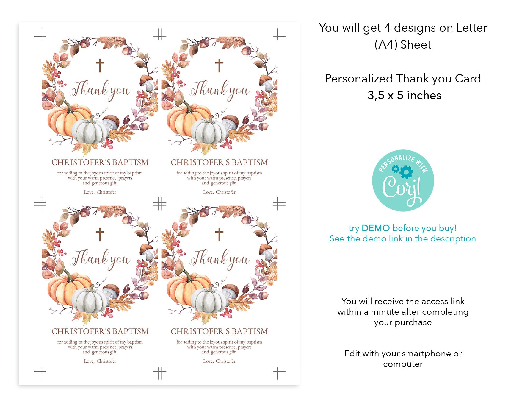 Editable Digital Baptism Thank You Card. Autumn Wreath Fall Pumpkin ...