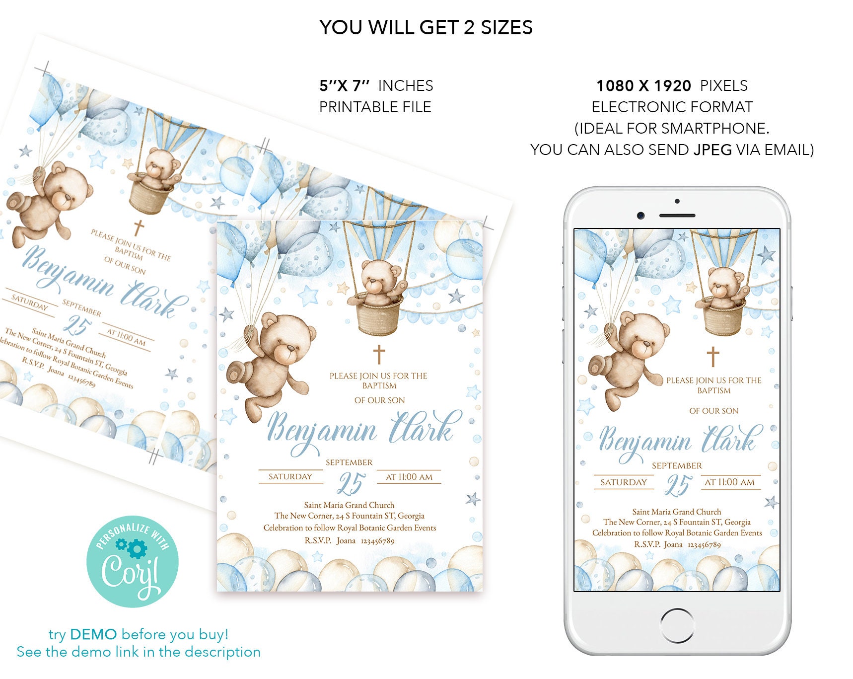 Editable Baptism Invite. Electronic Evite Blue Teddy Bear Invitation ...