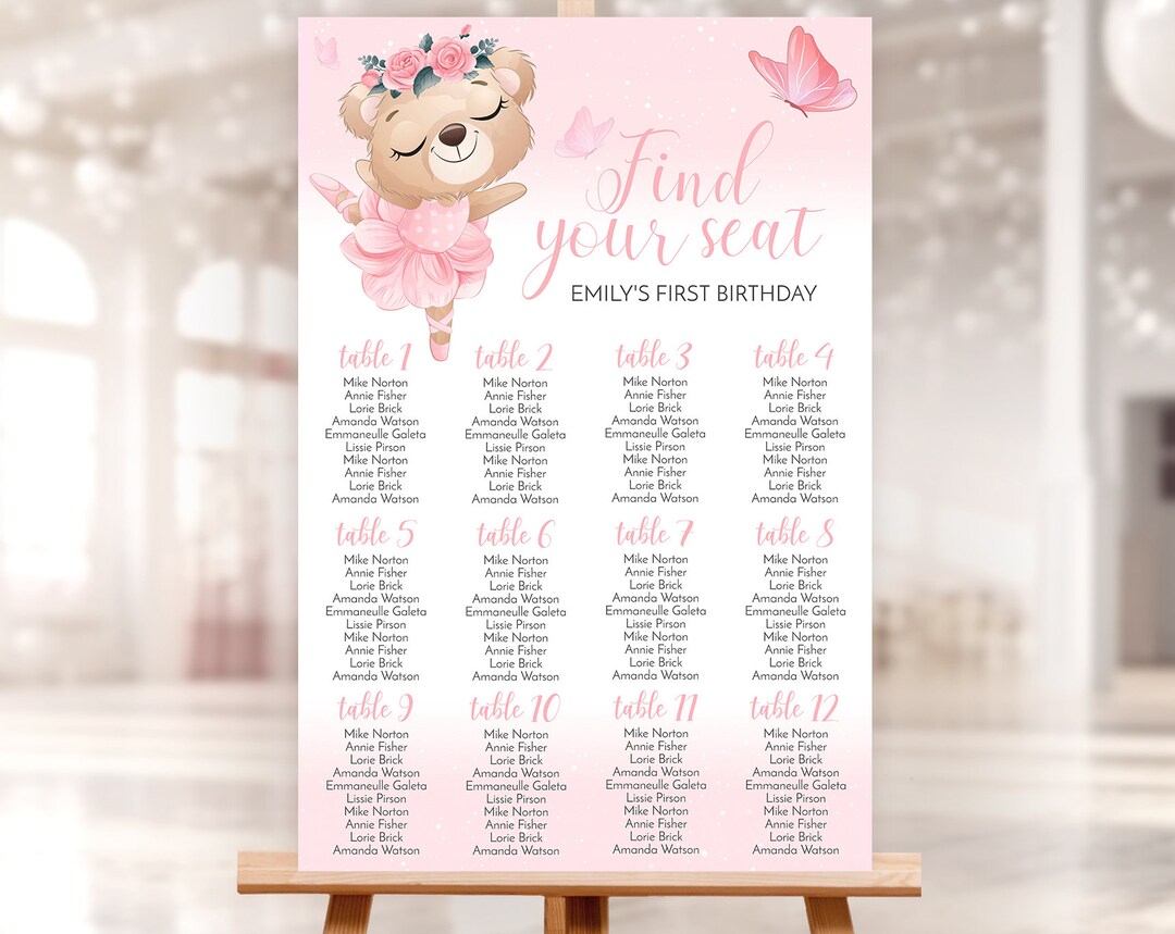 EDITABLE Text, Birthday Seating Chart Template. Pink Ballerina Teddy ...