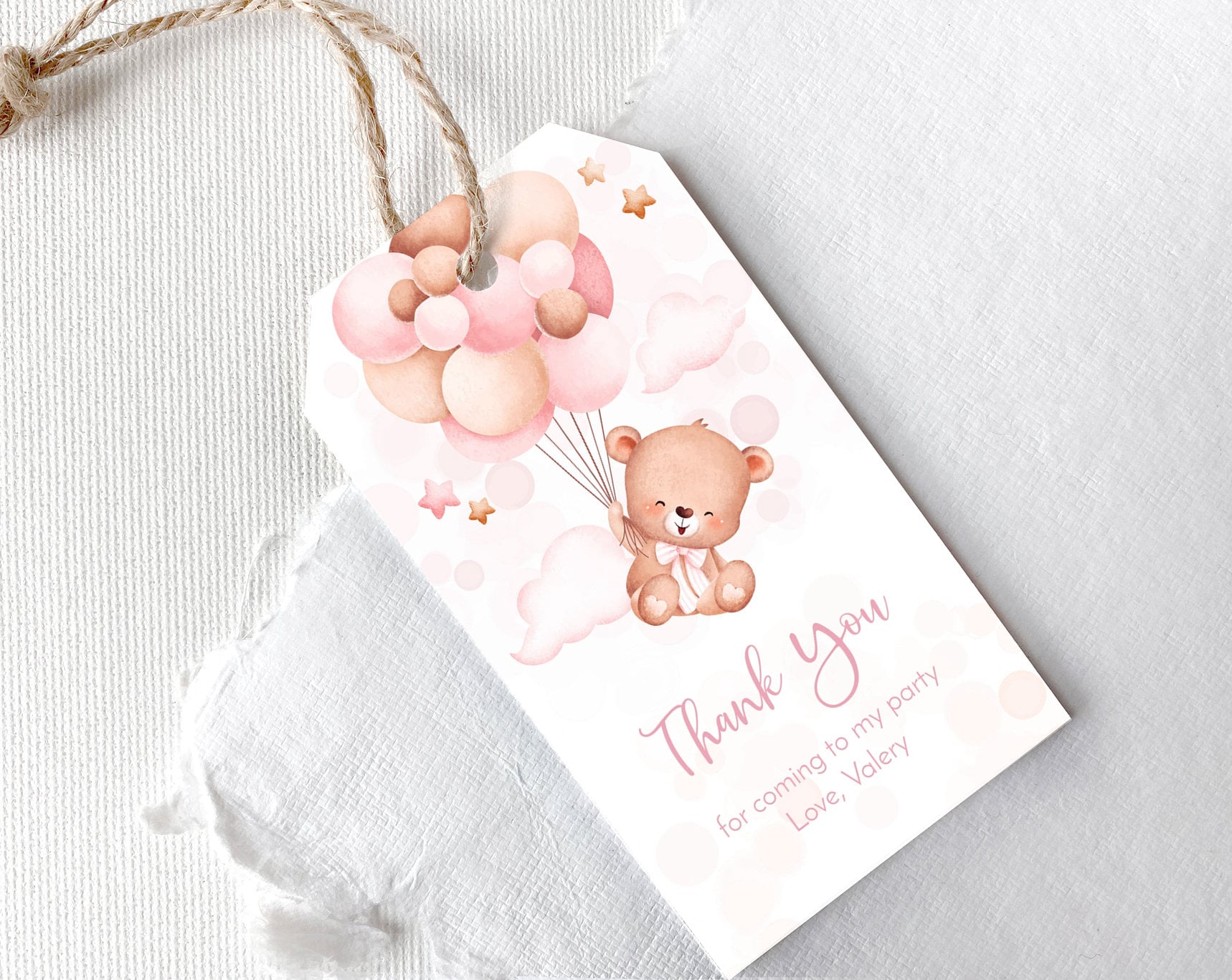 Editable Pink Bear Thank You Tag Template. 1st Baby Girl Birthday Party ...