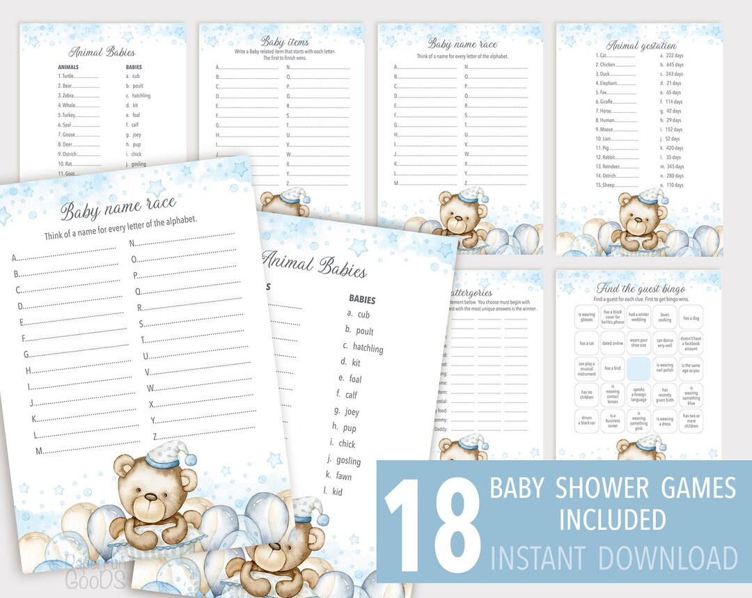 18 Digital Baby Shower Games. Blue Teddy Bear Party. It's a Boy ...