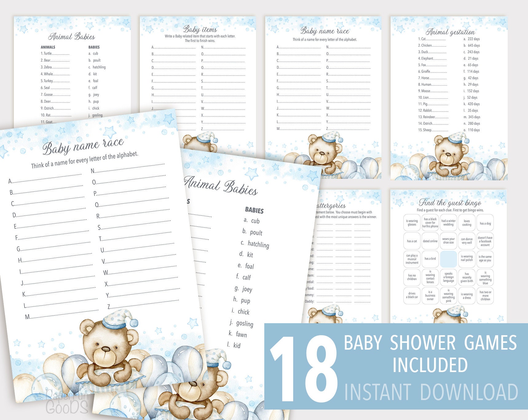 18 Digital Baby Shower Games. Blue Teddy Bear Party. It's a Boy ...