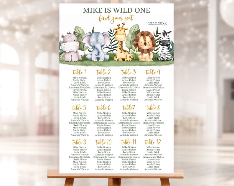 EDITABLE Digital 1st Wild ONE Birthday Seating Chart Template. Find ...
