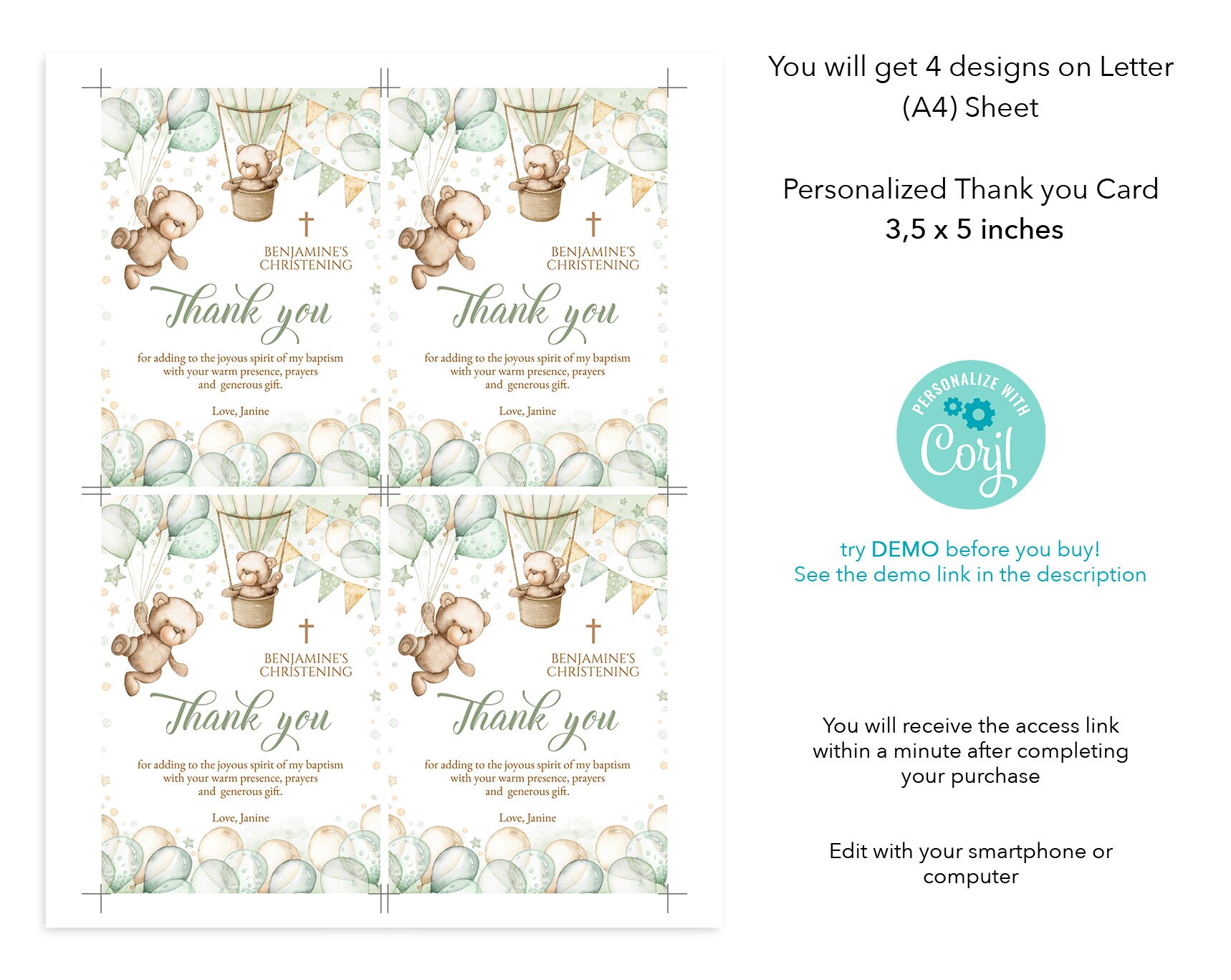 Editable Digital Baptism Thank You Card. Sage Green Teddy Bear, Air ...