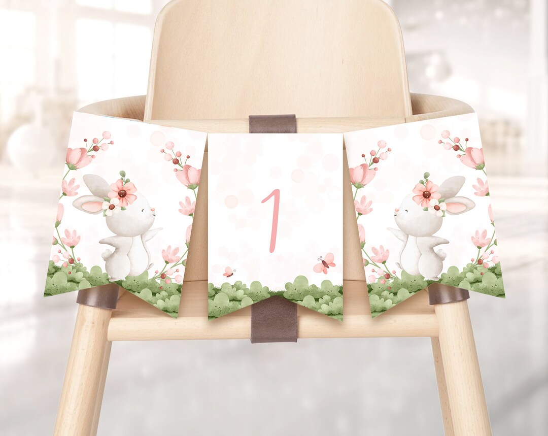 EDITABLE Digital 1st Girl Birthday Bunting. Digital Bunny, Pink Flowers ...