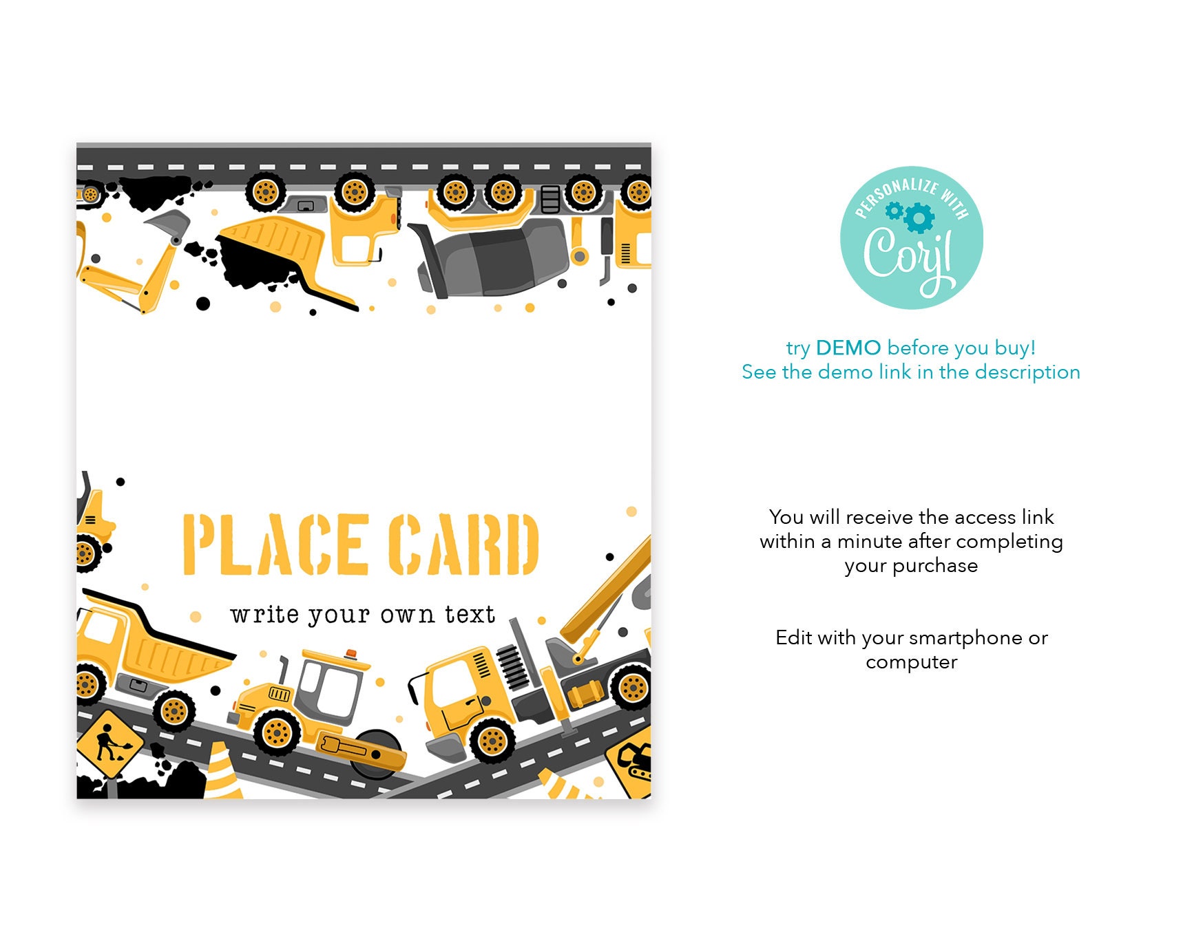 EDITABLE Digital Place Card. Boy Birthday Food Label, Yellow Excavator ...