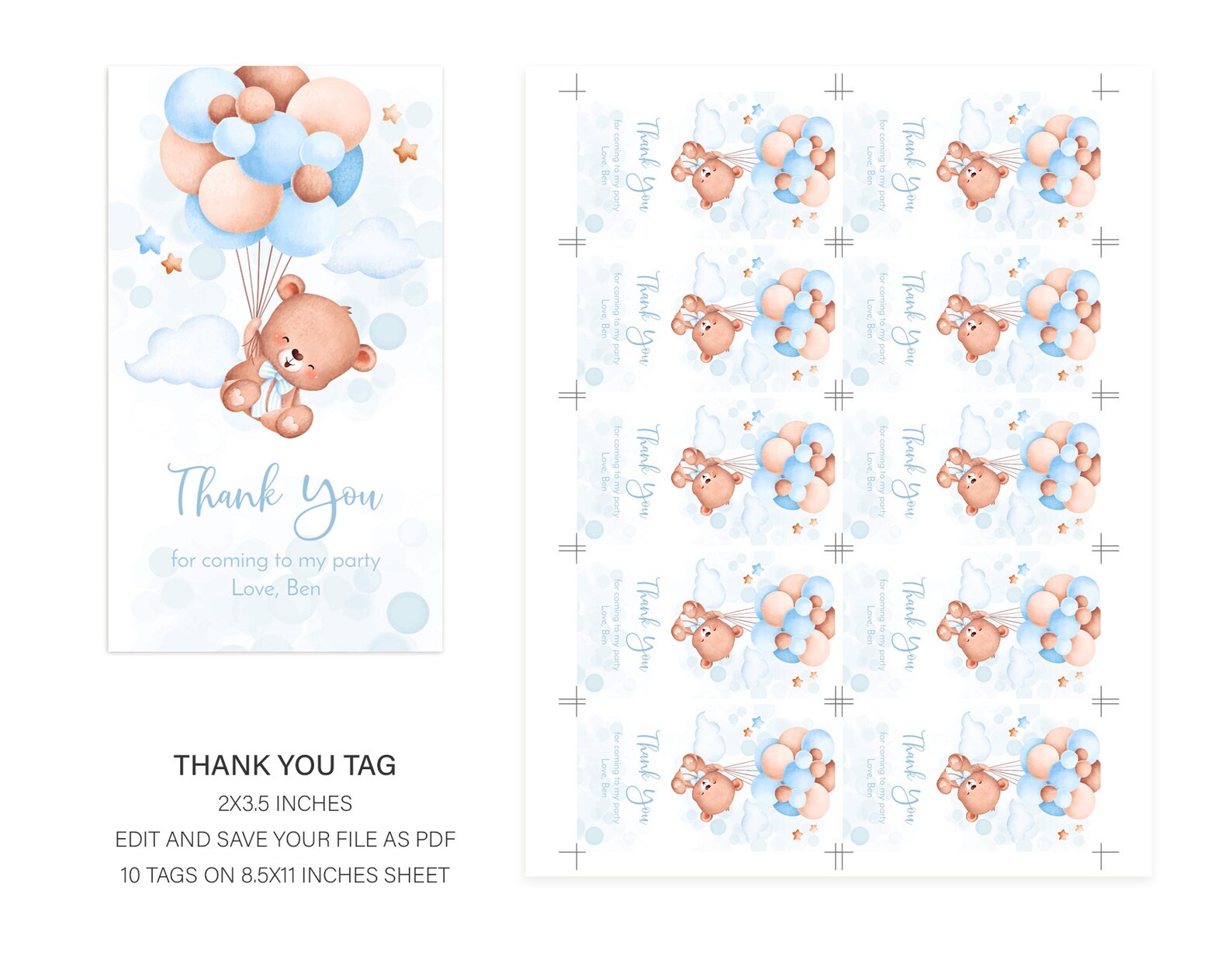 Editable Blue Teddy Bear Thank You Tag Template. 1st Baby Boy Birthday ...
