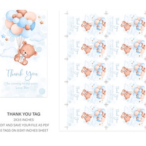 Editable Blue Teddy Bear Thank You Tag Template. 1st Baby Boy Birthday ...