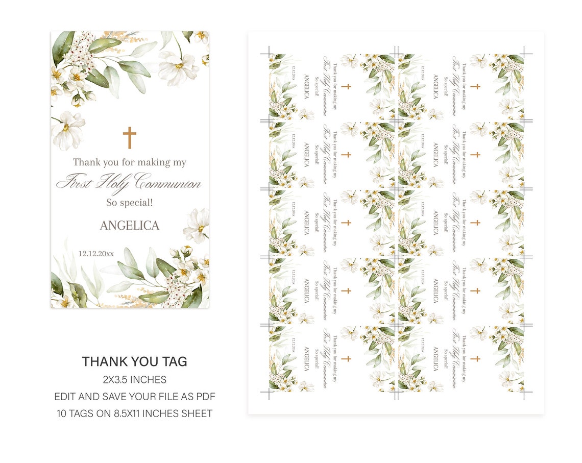 Editable 1st Holy Communion Thank You Tag. Green, White Flowers ...