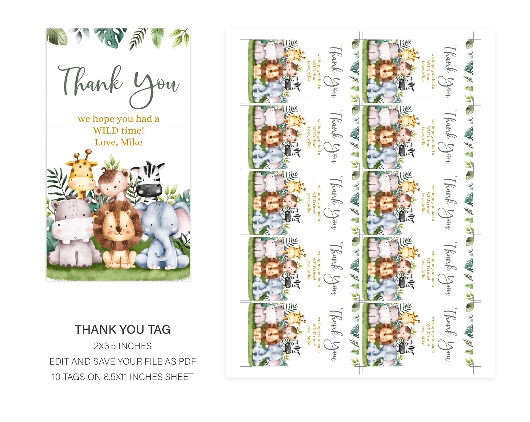 EDITABLE Thank You Tags. Personalized Jungle Party Favor Tag. Digital ...