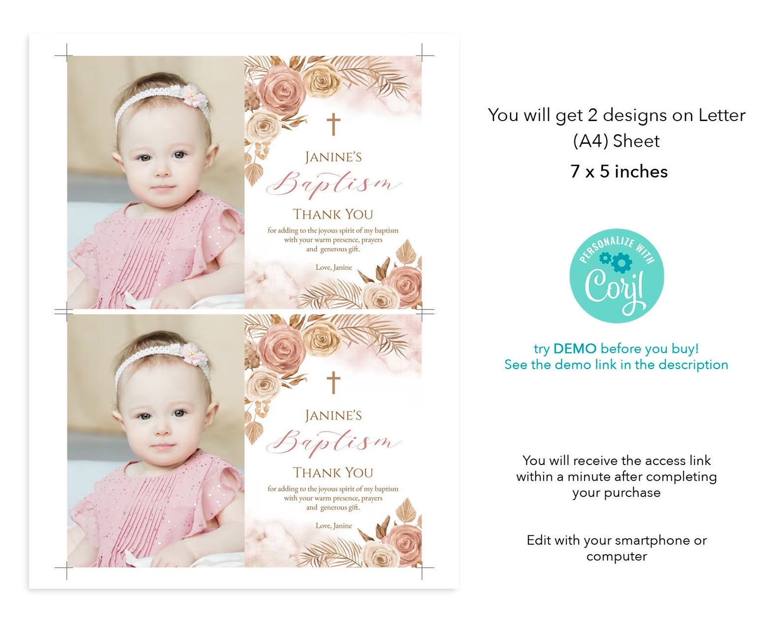 Editable Baptism Thank You Card With Photo. Blush Boho Floral, Dust ...