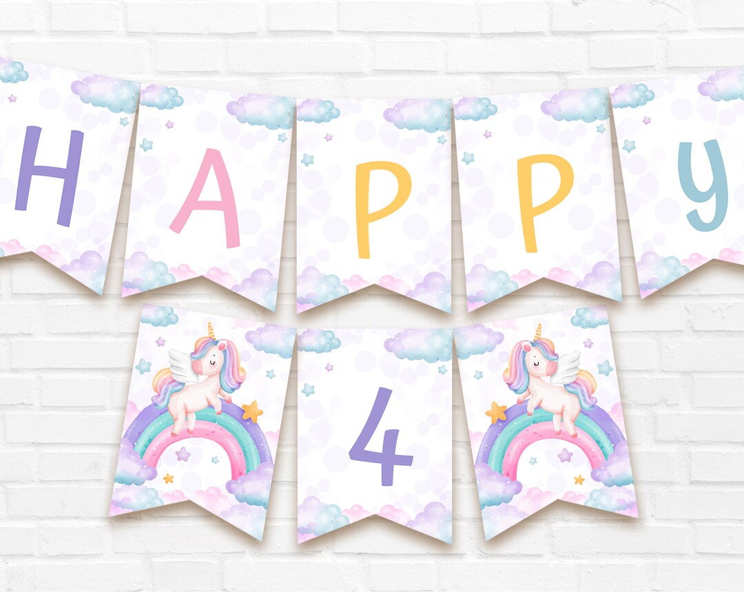 EDITABLE Girl Birthday Bunting. Pink and Rainbow Unicorn Magical Party ...