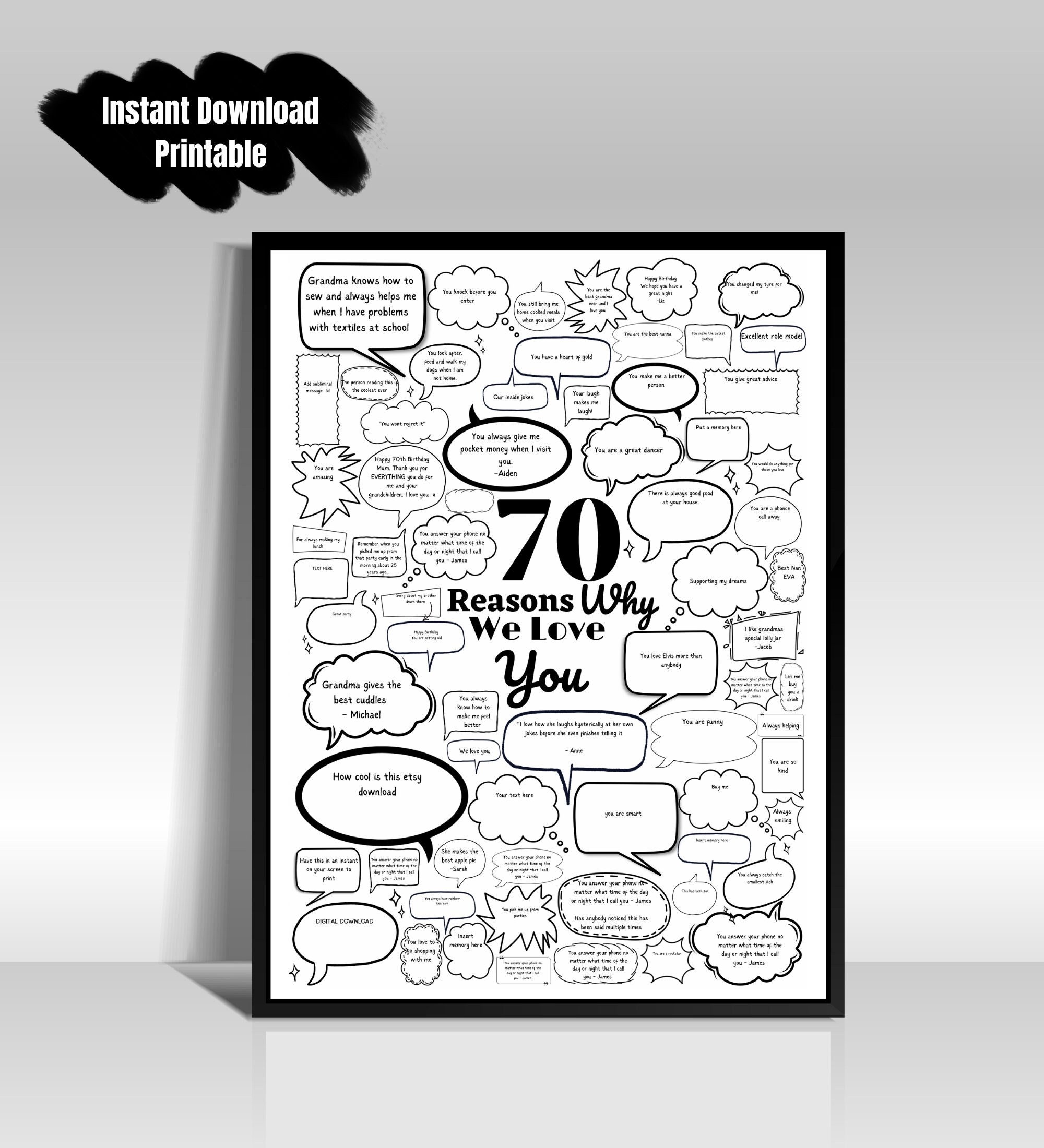 70 Reasons Why, Things We Love About You 70th Birthday Gift Poster ...