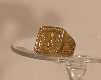 Gold Signet Pinky Ring, Gold Square Chunky Pinky Ring, Fleur De Lis ...