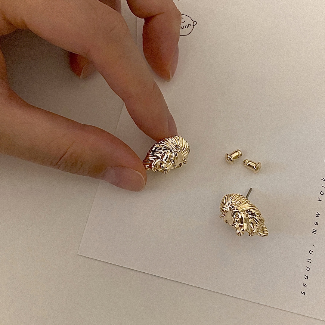 Gold Lion Head Stud Earrings, Gold Chunky Stud Earrings, Lion Head ...