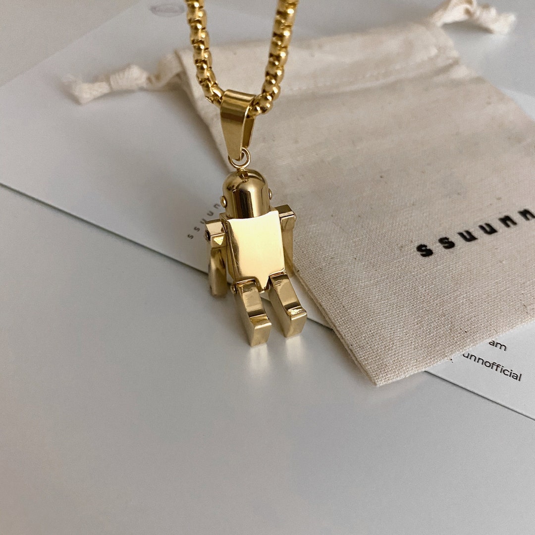 Gold Robot Pendant Necklace, Gold Robot Toy Charm Pendant, Gold Round ...