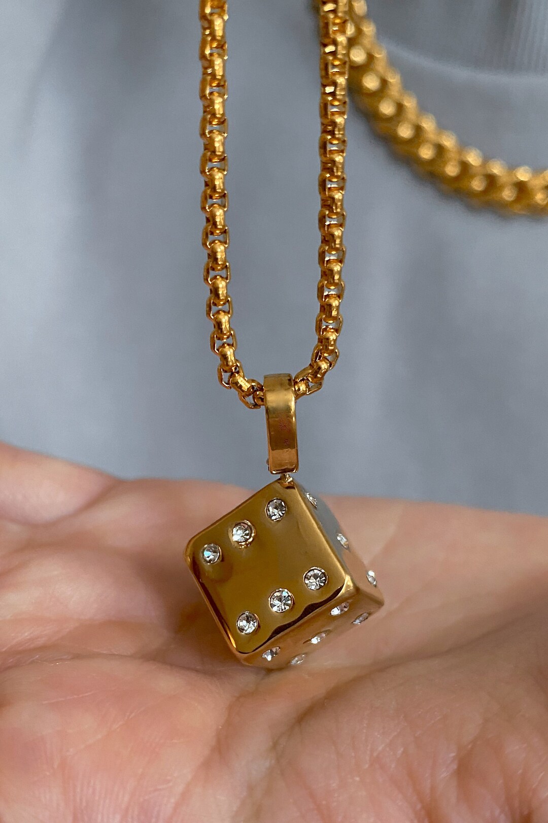 Gold Diamond CZ Dice Necklace, 3D Cube Charm Pendant, Gold Round Box ...