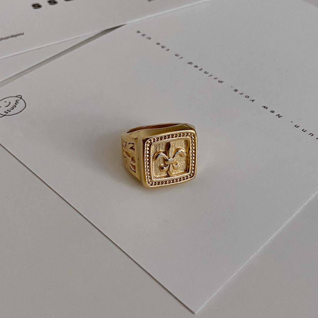 Gold Signet Pinky Ring, Gold Square Chunky Pinky Ring, Fleur De Lis ...