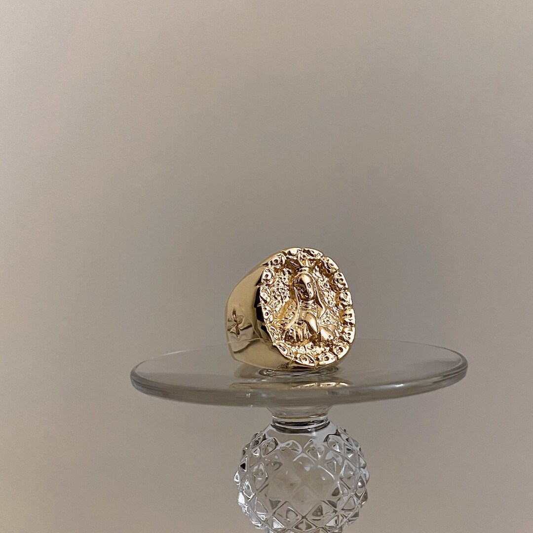 Gold Signet Pinky Ring, Gold Oval Chunky Pinky Ring, Virgin Maria Bold ...