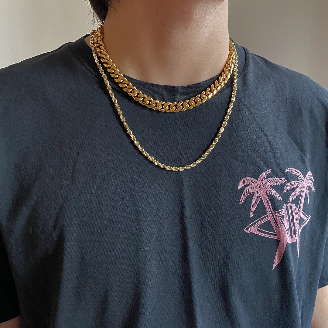 Gold Chunky Miami Cuban Chain Necklace Gold Stainless Steel Bold Thick ...