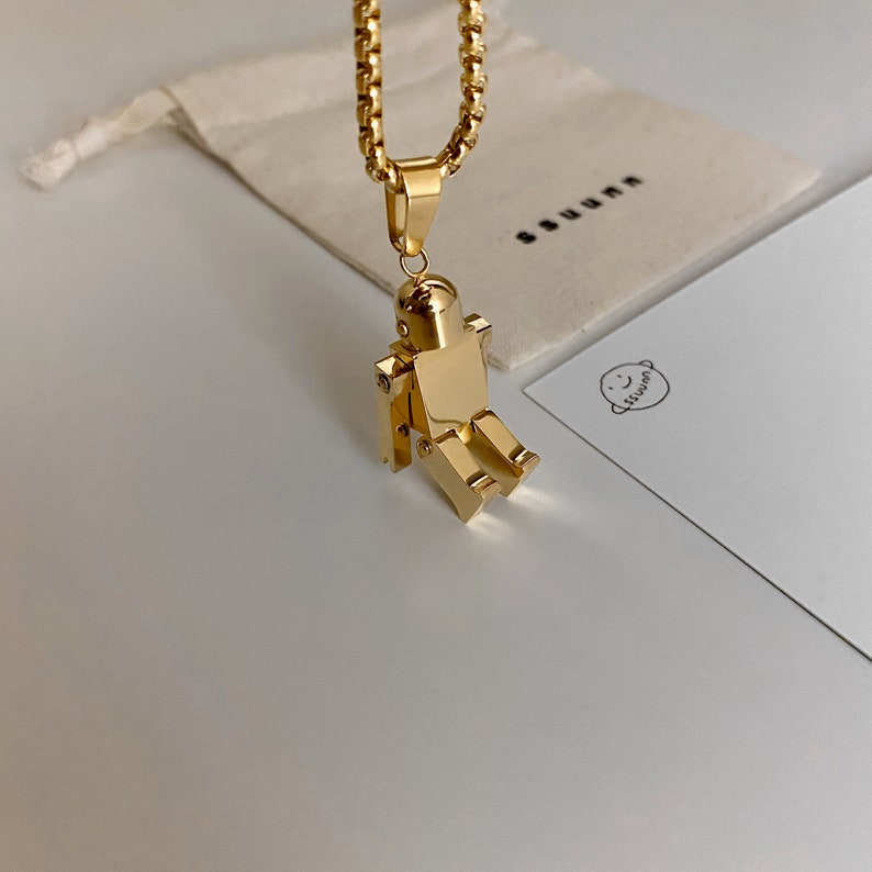 Gold Robot Pendant Necklace, Gold Robot Toy Charm Pendant, Gold Round ...