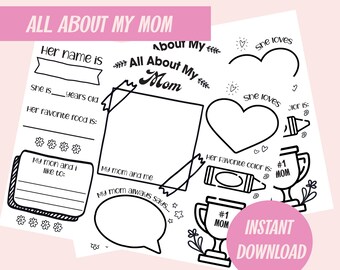 Mother's Day Printable, All About My Mom, Mothers Day Gift, Card for ...