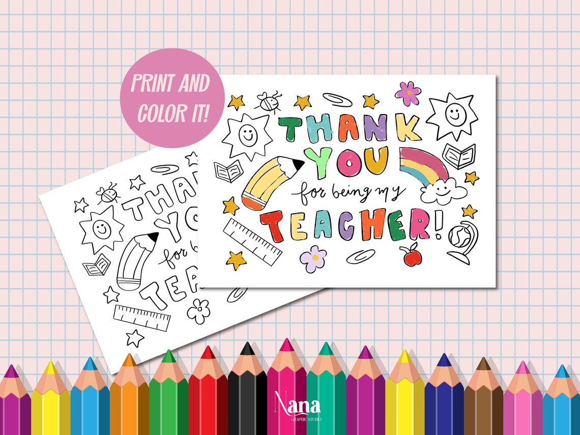 Teacher Coloring Card, Teacher Appreciation Day Card, Printable Card ...