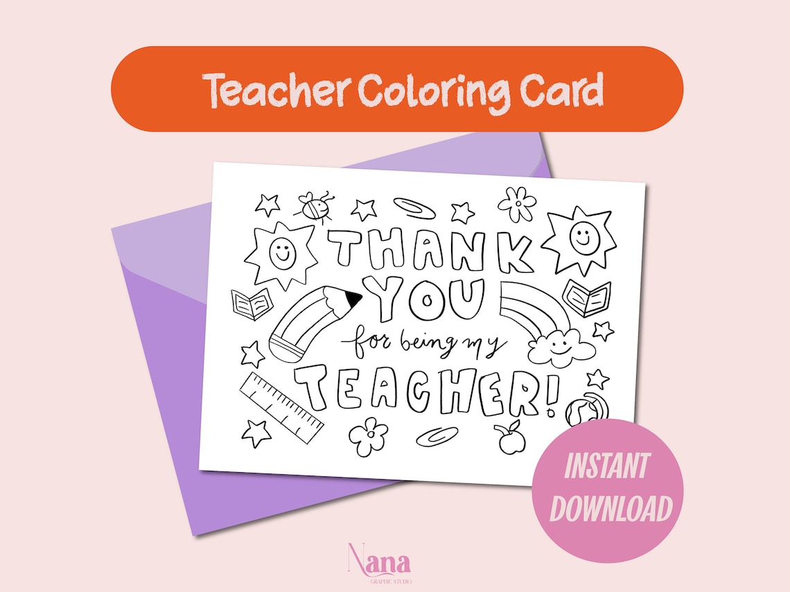 Teacher Coloring Card, Teacher Appreciation Day Card, Printable Card ...