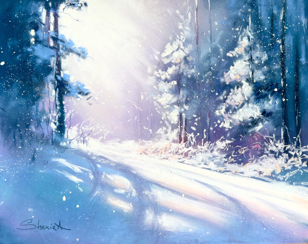 Original Pastel Painting, Winter Forest Landscape, Snowy Path – “breath ...