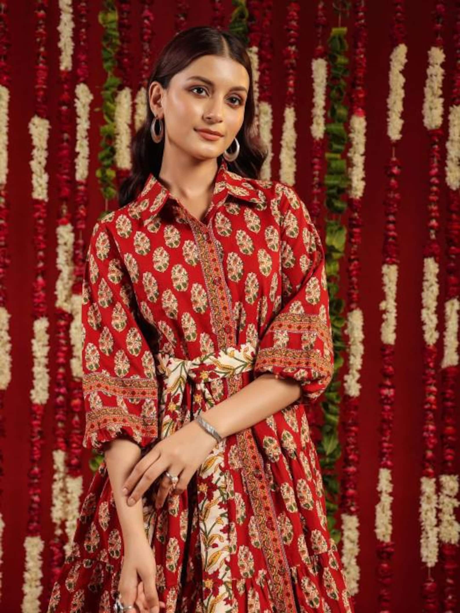 Ethnic Motifs Printed Fit & Flare Indian Fusion Dress for Women, Indian ...