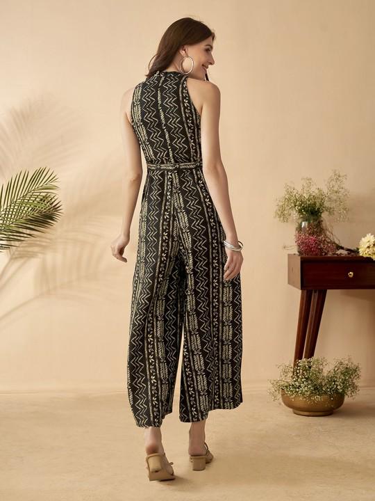 Ethnic Motifs Printed Halter Neck Sleeveless Jumpsuit for Women, Indian ...