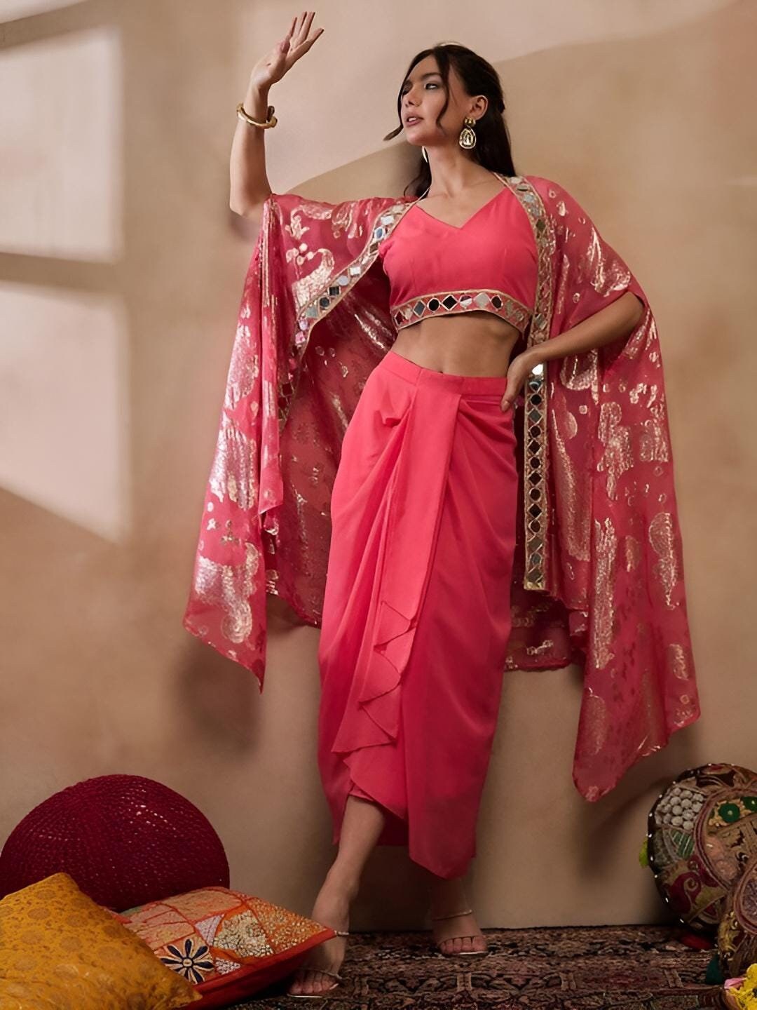 Crop Top With Drape Skirt and Shrug Set for Women, Coord Set, Festive ...