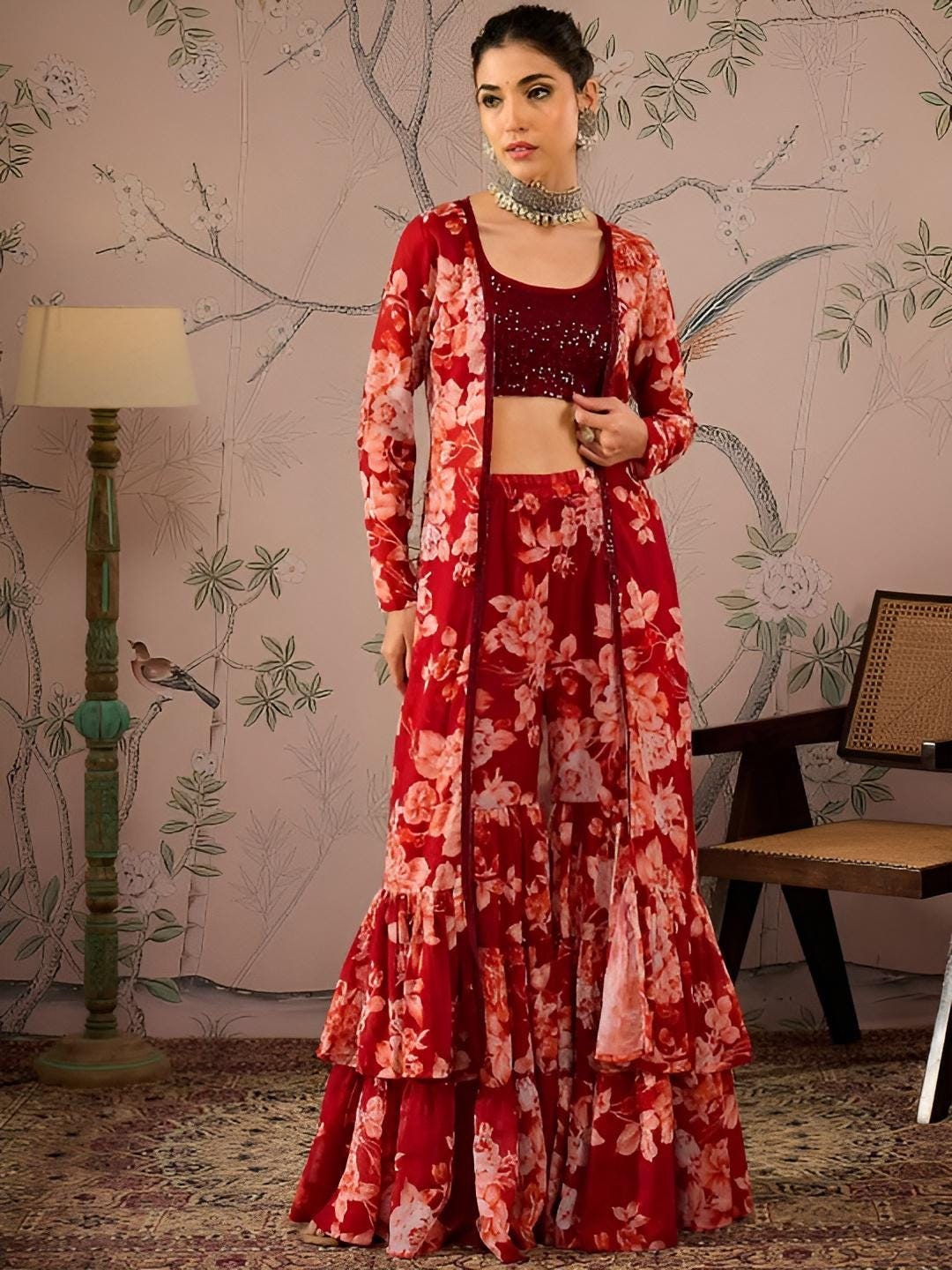 Sequin Crop Top With Sharara and Shrug Set for Women, Coord Set ...