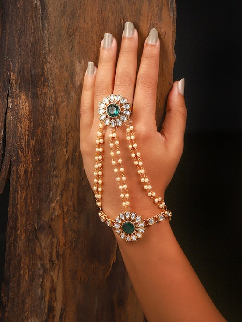 Gold-toned Kundan & Pearls Ring Bracelet Hand Harness for - Etsy